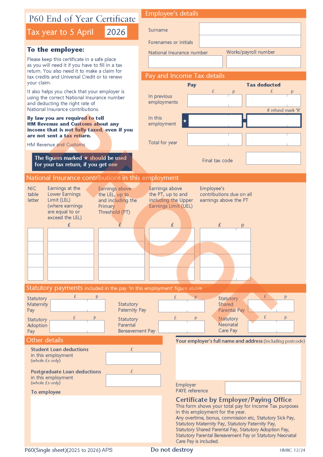 2026 P60 Year End Form - HMRC1P60 - SAGE HMRC LAYOUT 1 PART LASER P60 ...