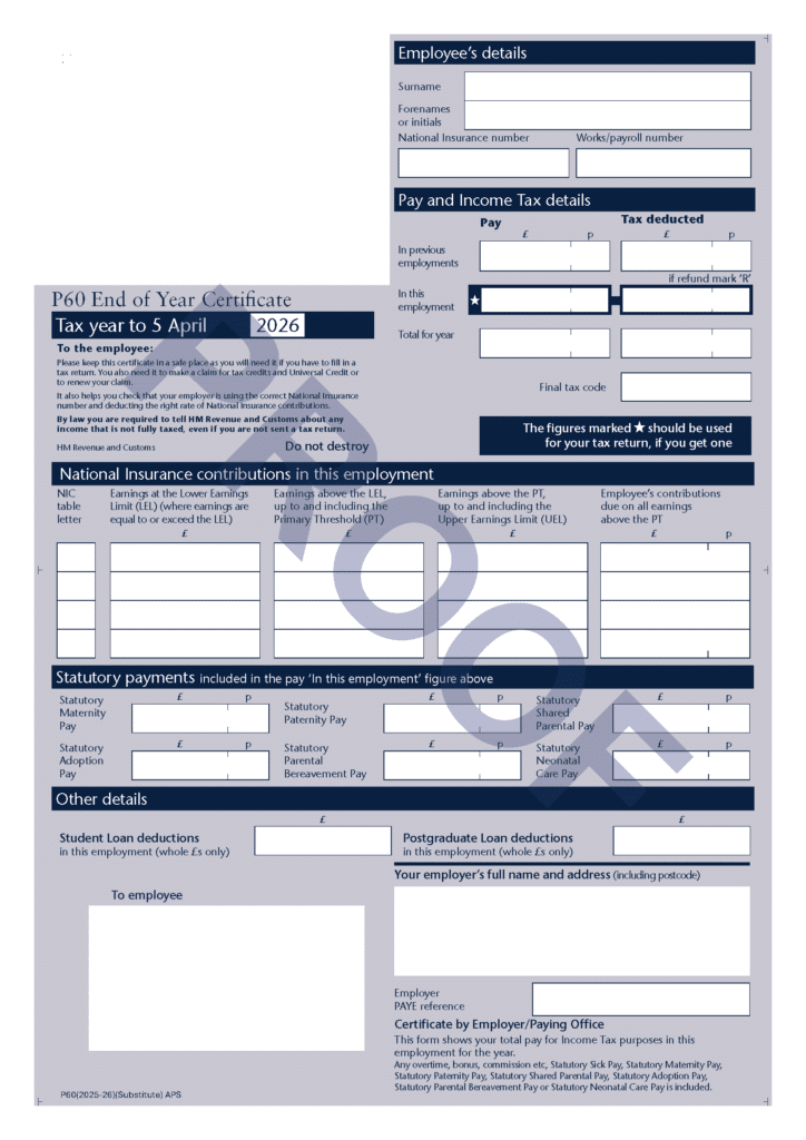 2026 P60 Year End Form - SCP60 - SAGE SELF SEAL SECURITY P60 - 50 per ...